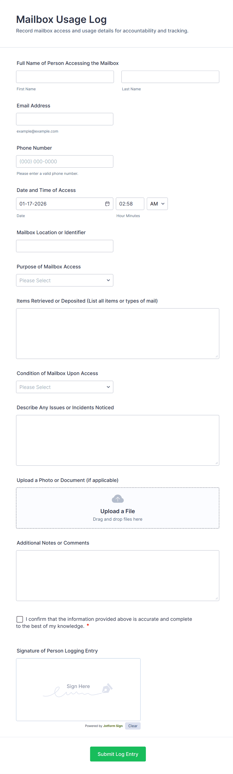 Mailbox Usage Log Form Template | Jotform