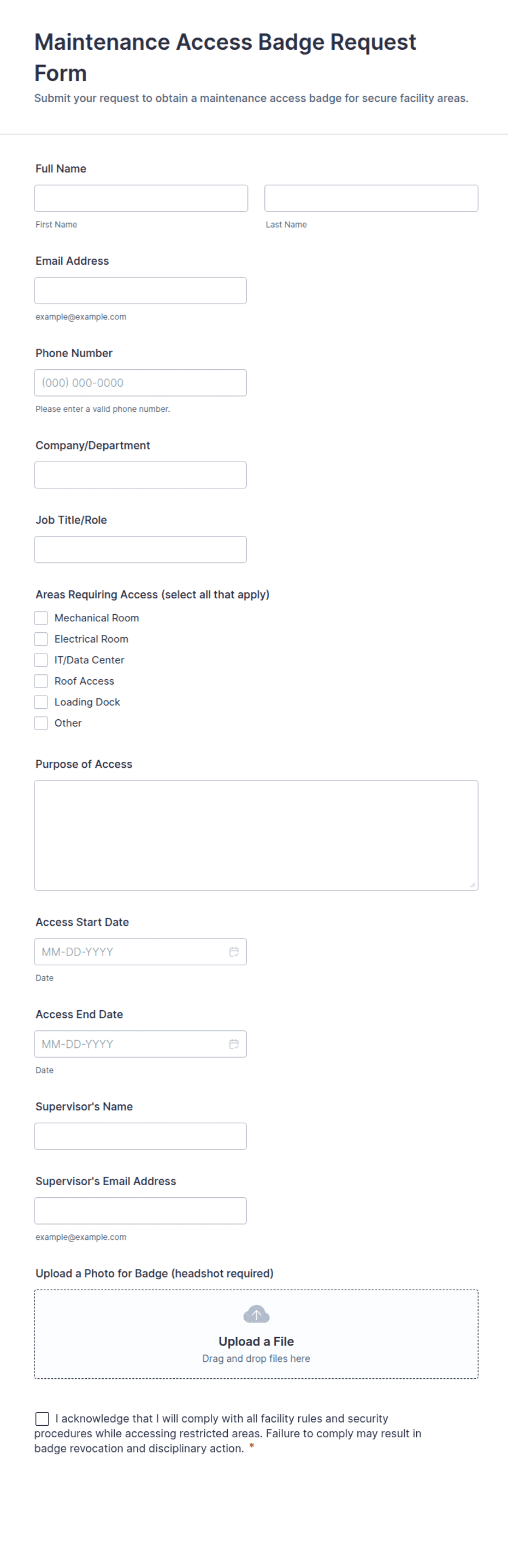 Maintenance Access Badge Request Form Template | Jotform