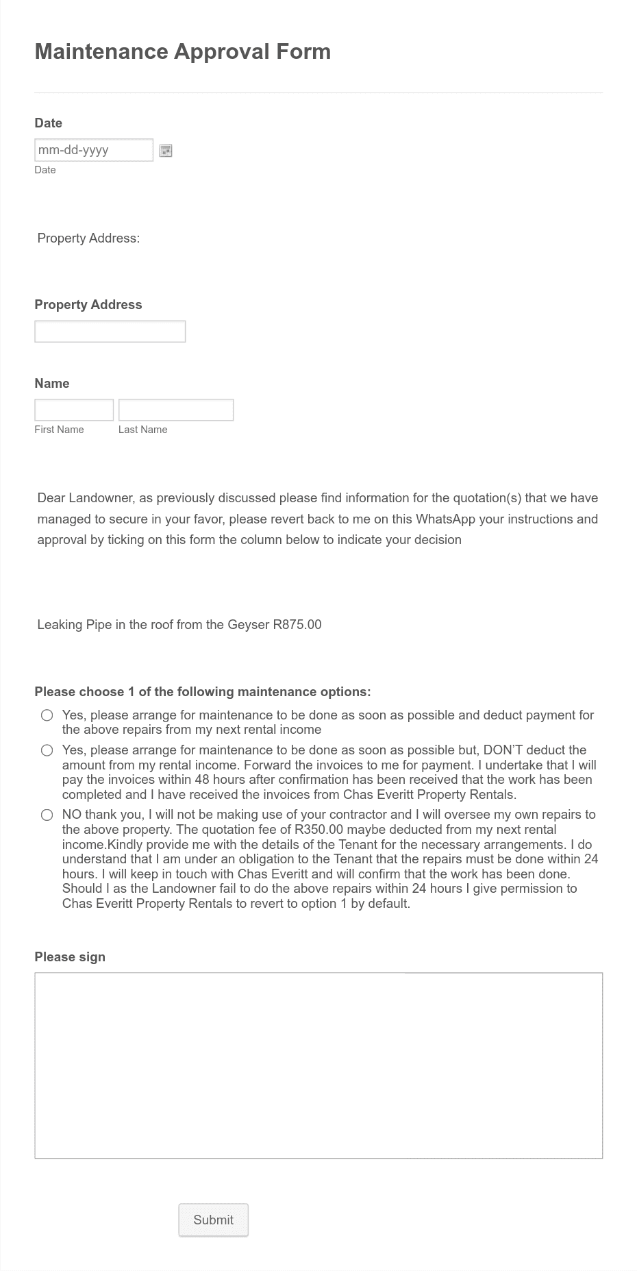 Maintenance Approval Form Template | Jotform