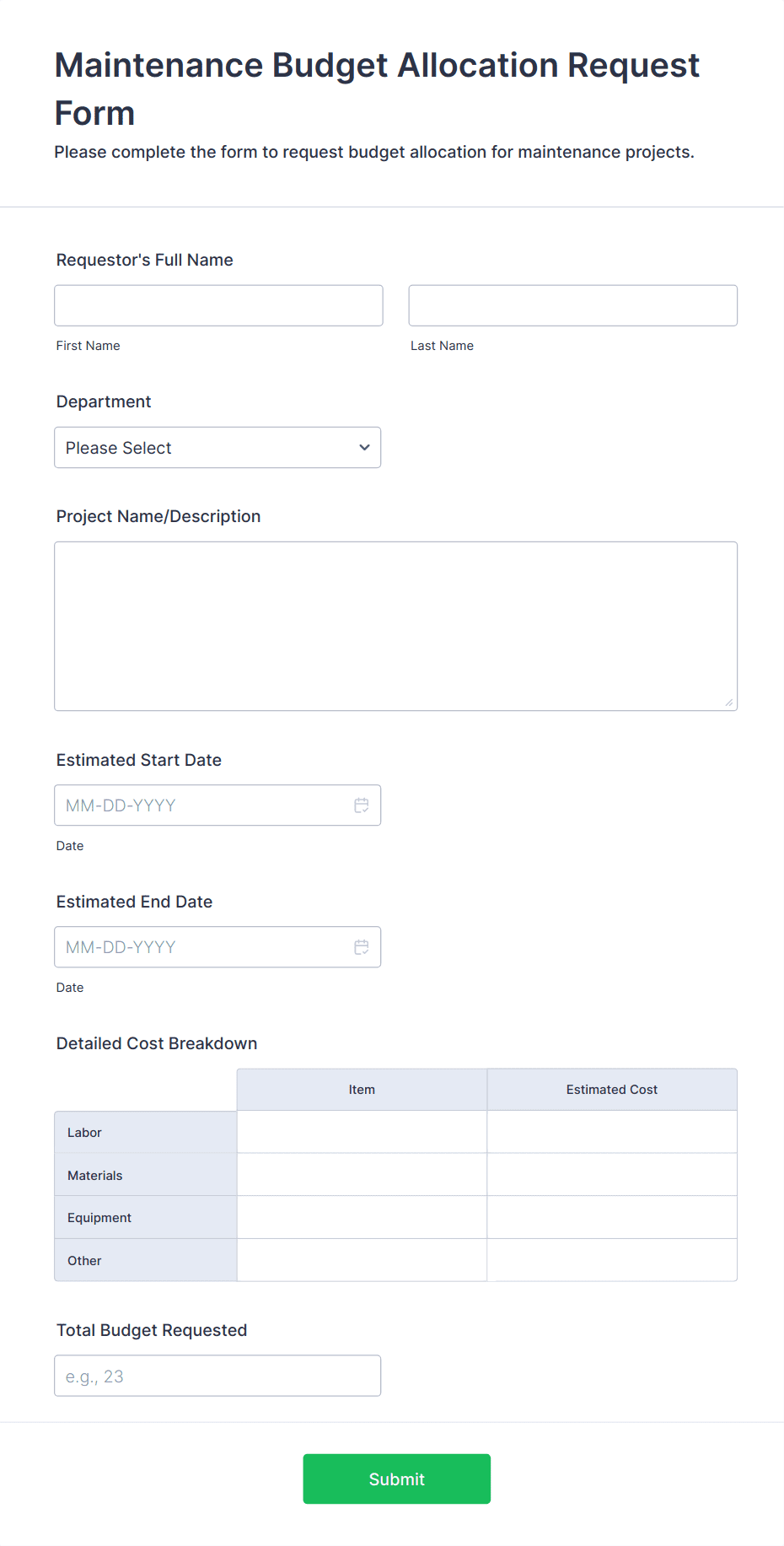 Maintenance Budget Allocation Request Form Template | Jotform