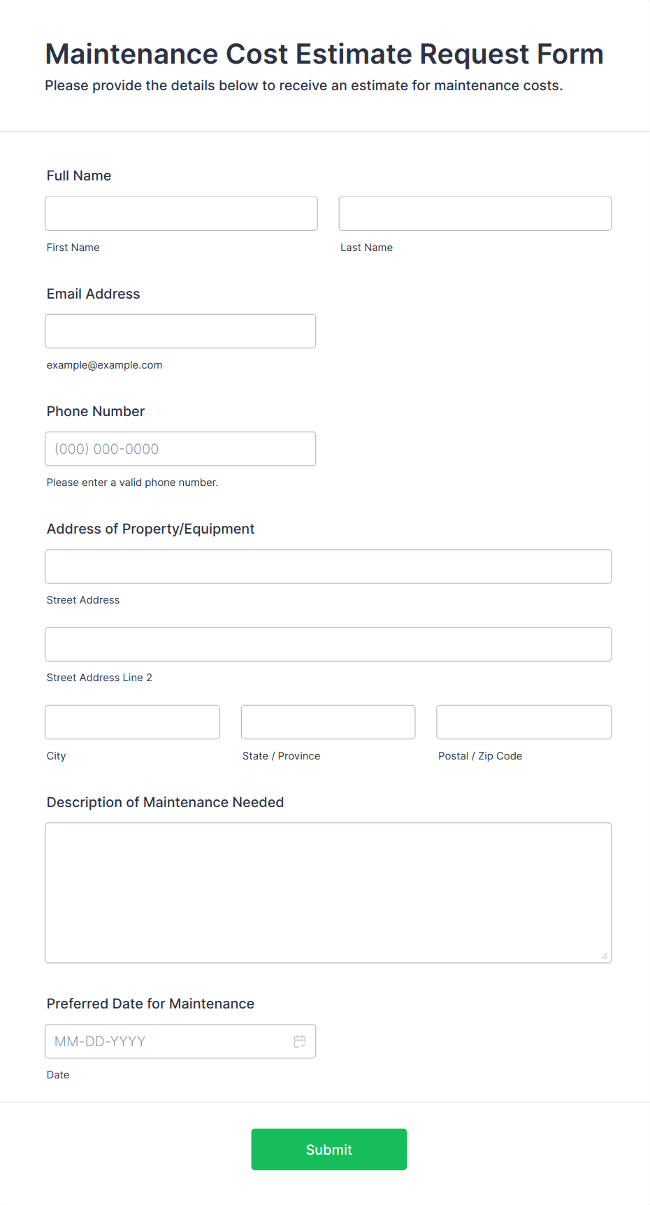 Maintenance Cost Estimate Request Form Template | Jotform