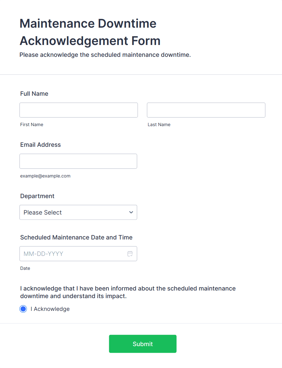 Maintenance Downtime Acknowledgement Form Template | Jotform