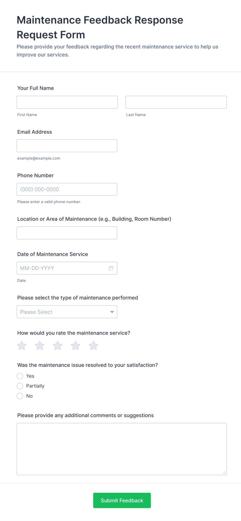 Maintenance Feedback Response Request Form Template | Jotform