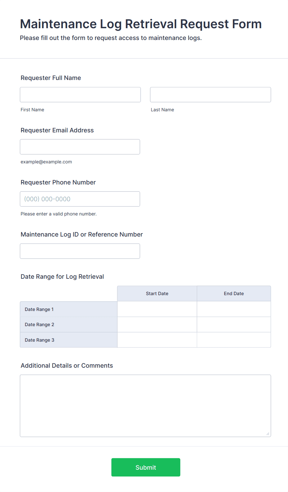 Maintenance Log Retrieval Request Form Template | Jotform