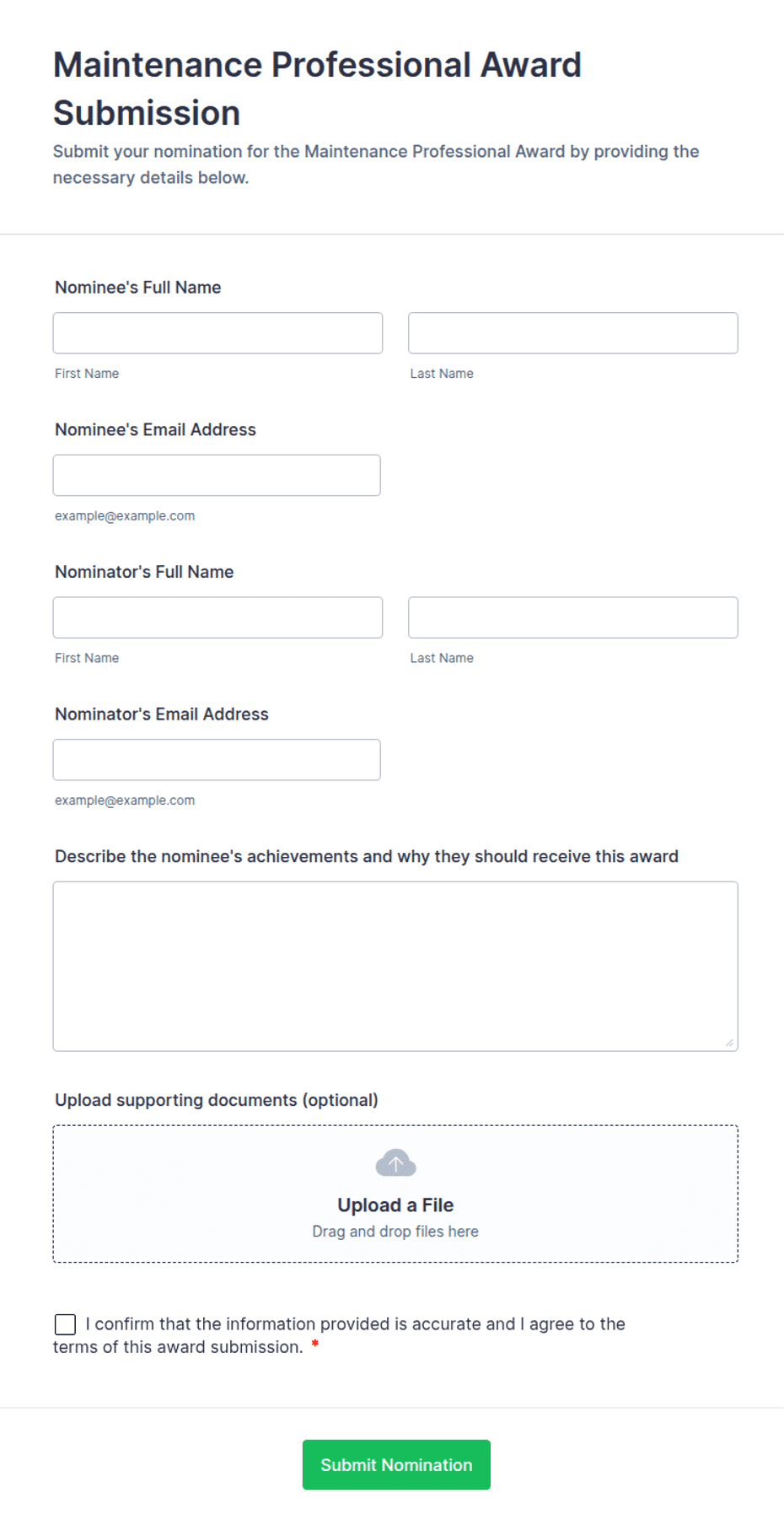 Maintenance Professional Award Submission Form Template | Jotform