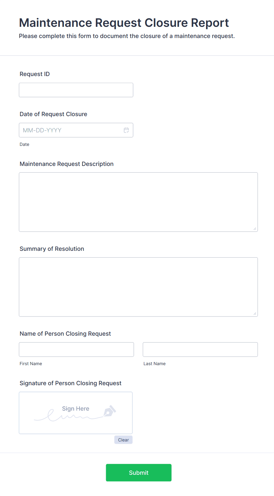 Maintenance Request Closure Report Form Template | Jotform