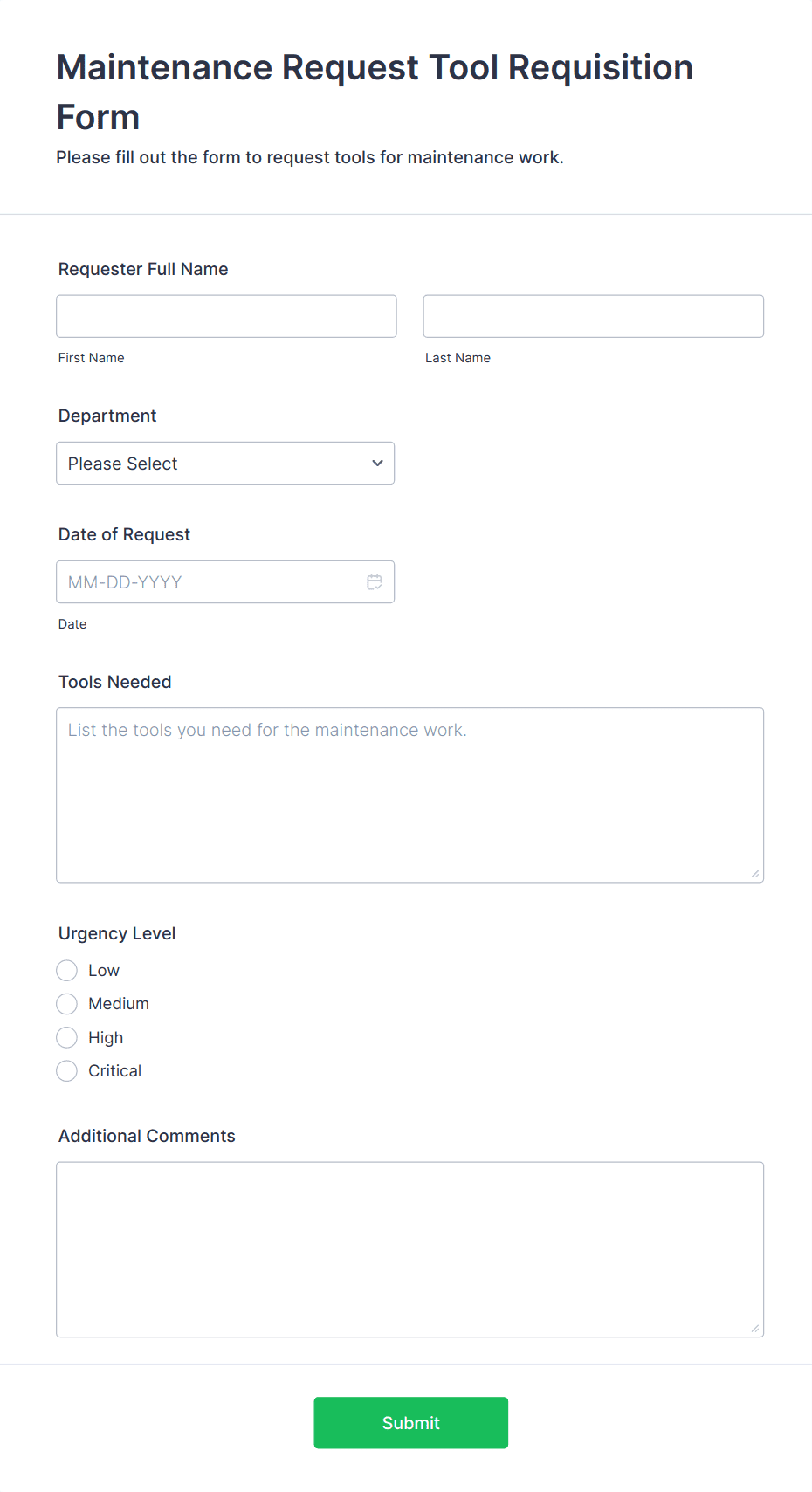 Maintenance Request Tool Requisition Form Template | Jotform
