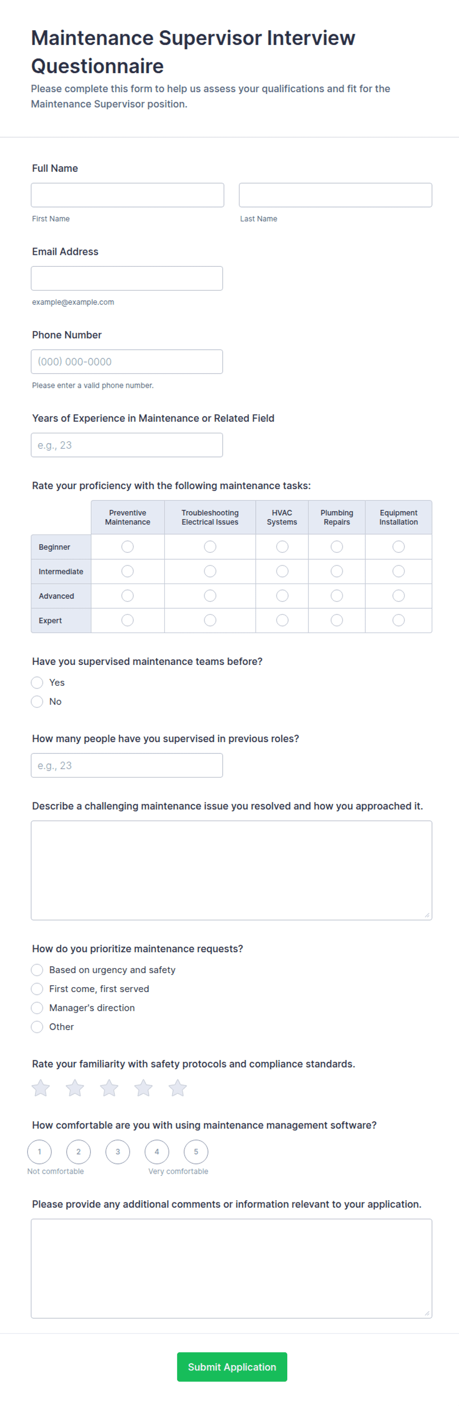 Maintenance Supervisor Interview Questionnaire Form Template | Jotform