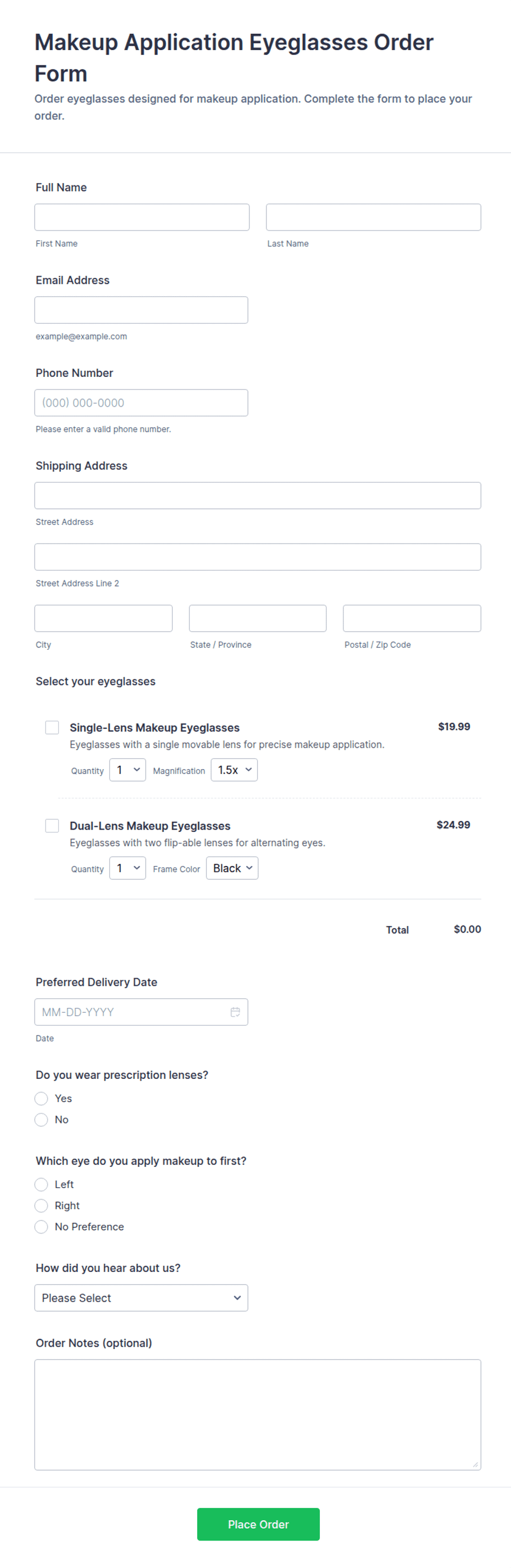 Makeup Application Eyeglasses Order Form Template | Jotform
