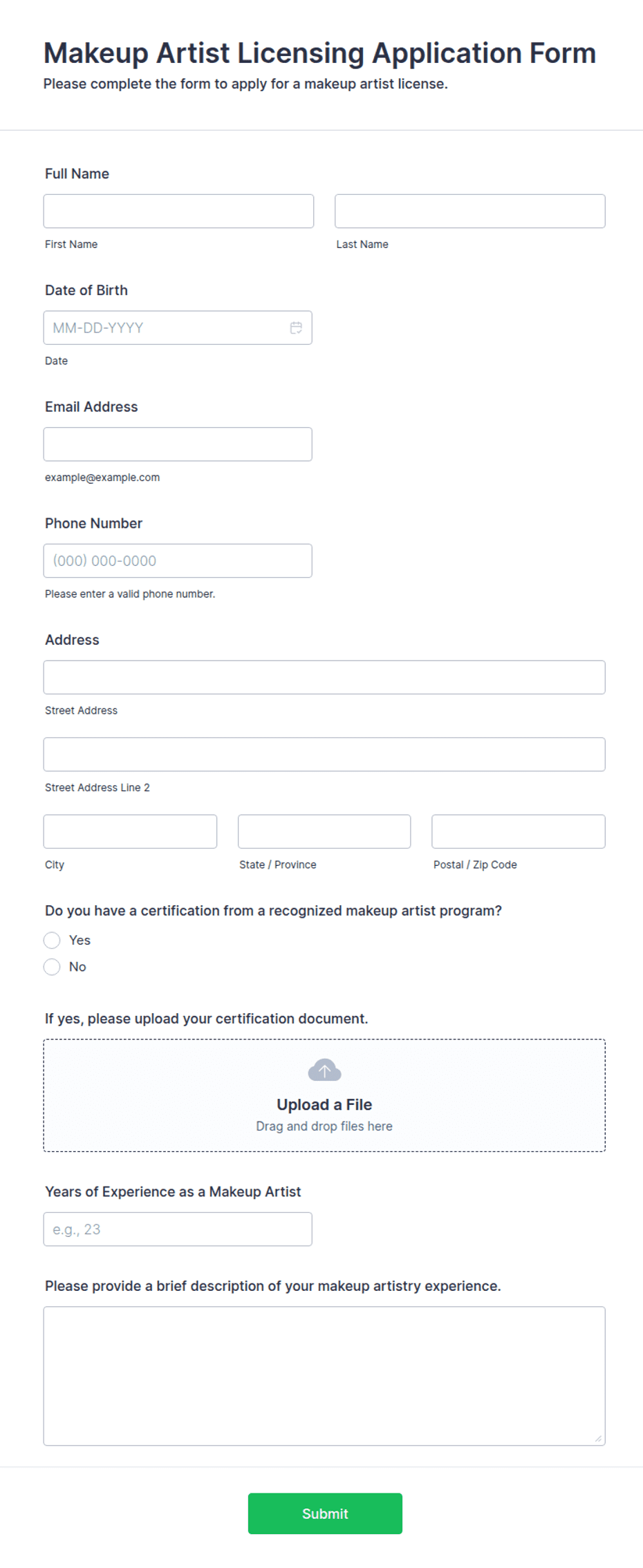 Makeup Artist Licensing Application Form Template | Jotform