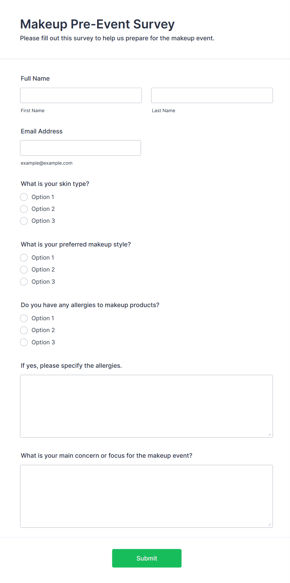 Makeup Pre-Event Survey Form Template | Jotform