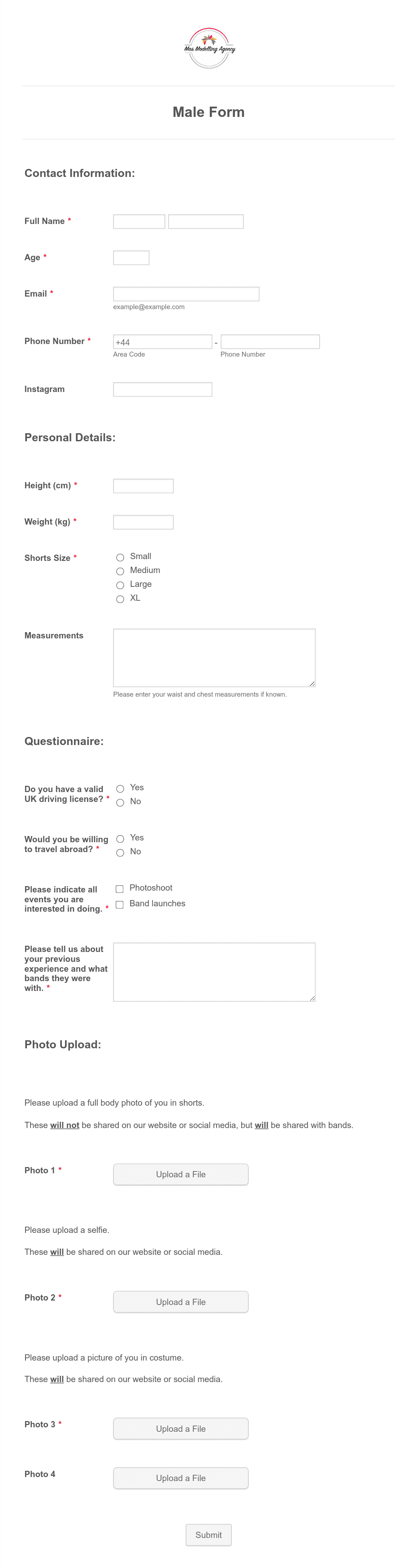 Male Model Application Form Template | Jotform