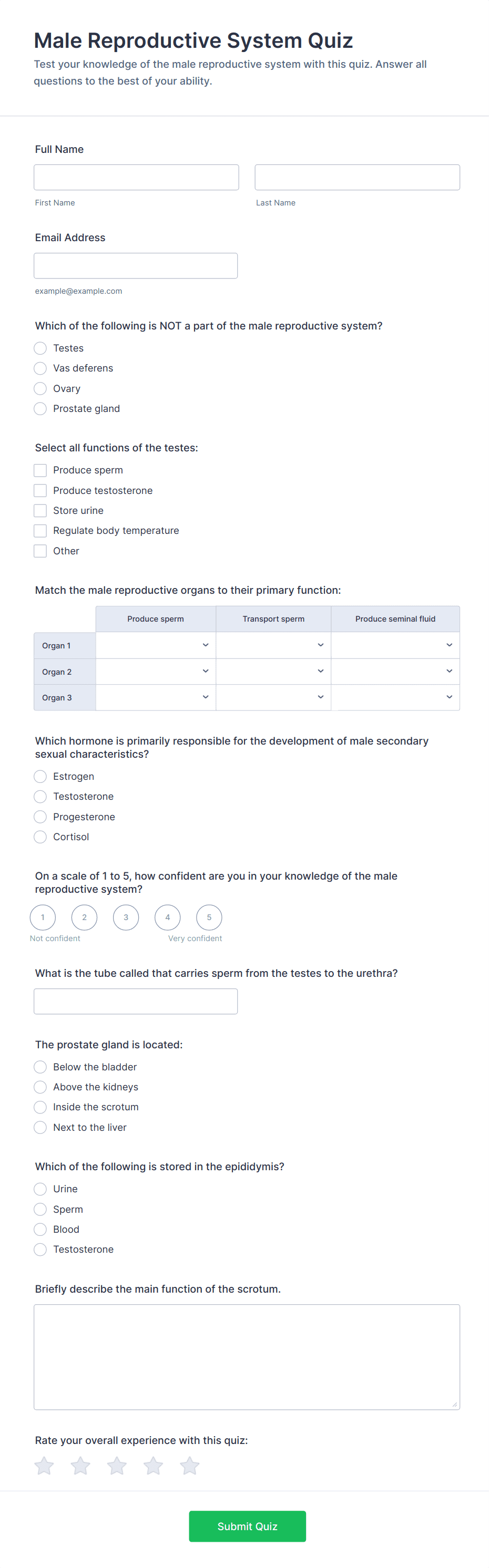 Male Reproductive System Quiz Form Template | Jotform