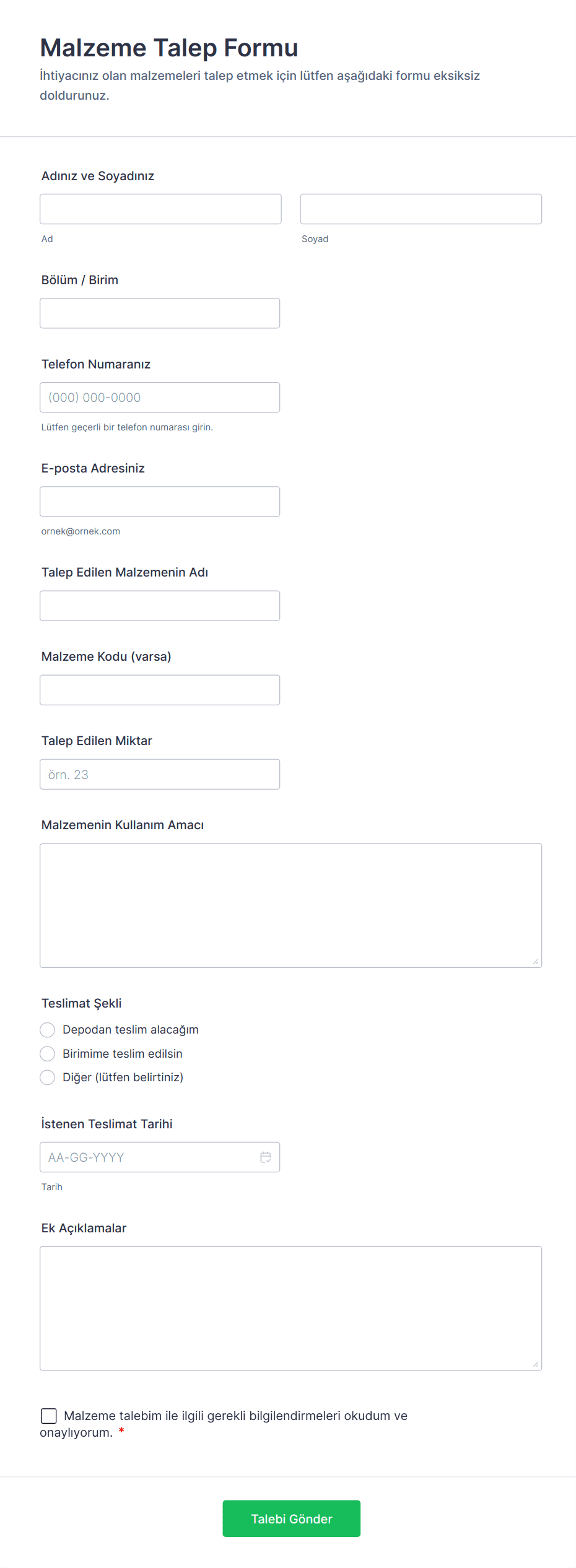 Malzeme Talep Form Şablonu | Jotform