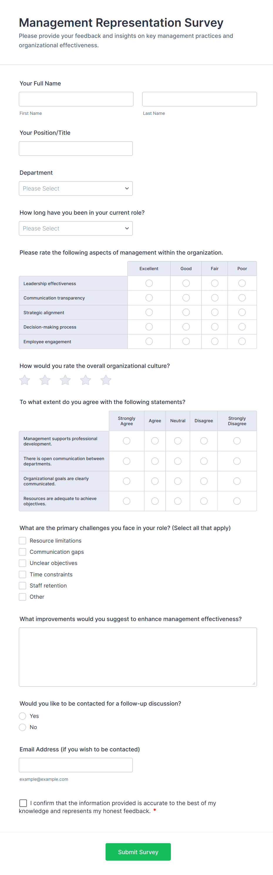 Management Representation Survey Form Template | Jotform