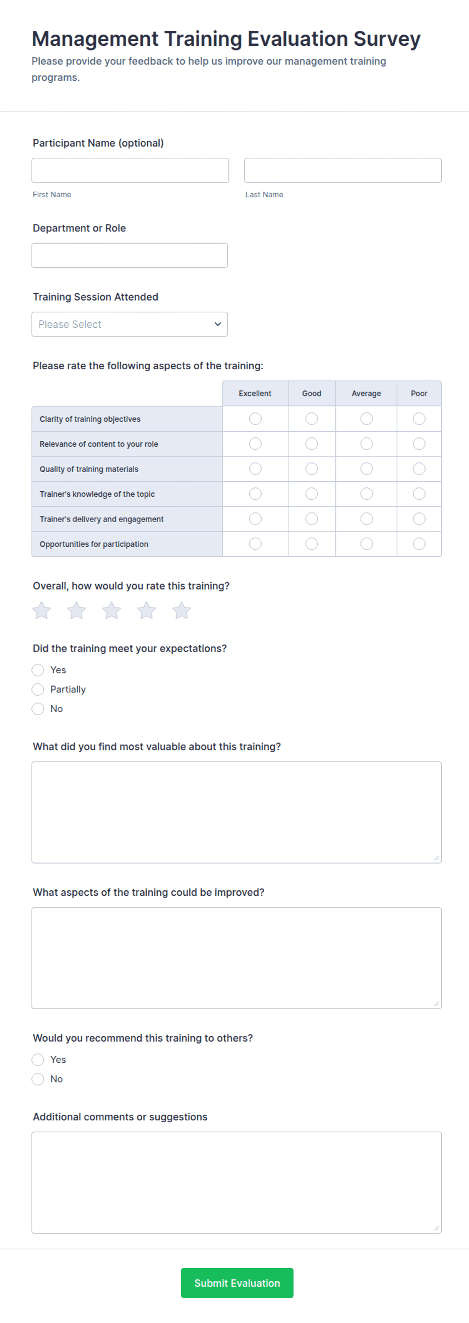 Management Training Evaluation Survey Form Template | Jotform