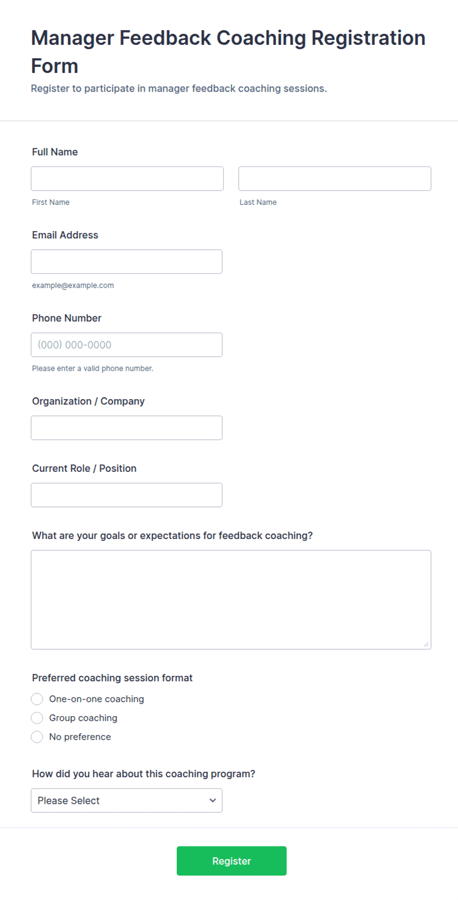 Manager Feedback Coaching Registration Form Template | Jotform