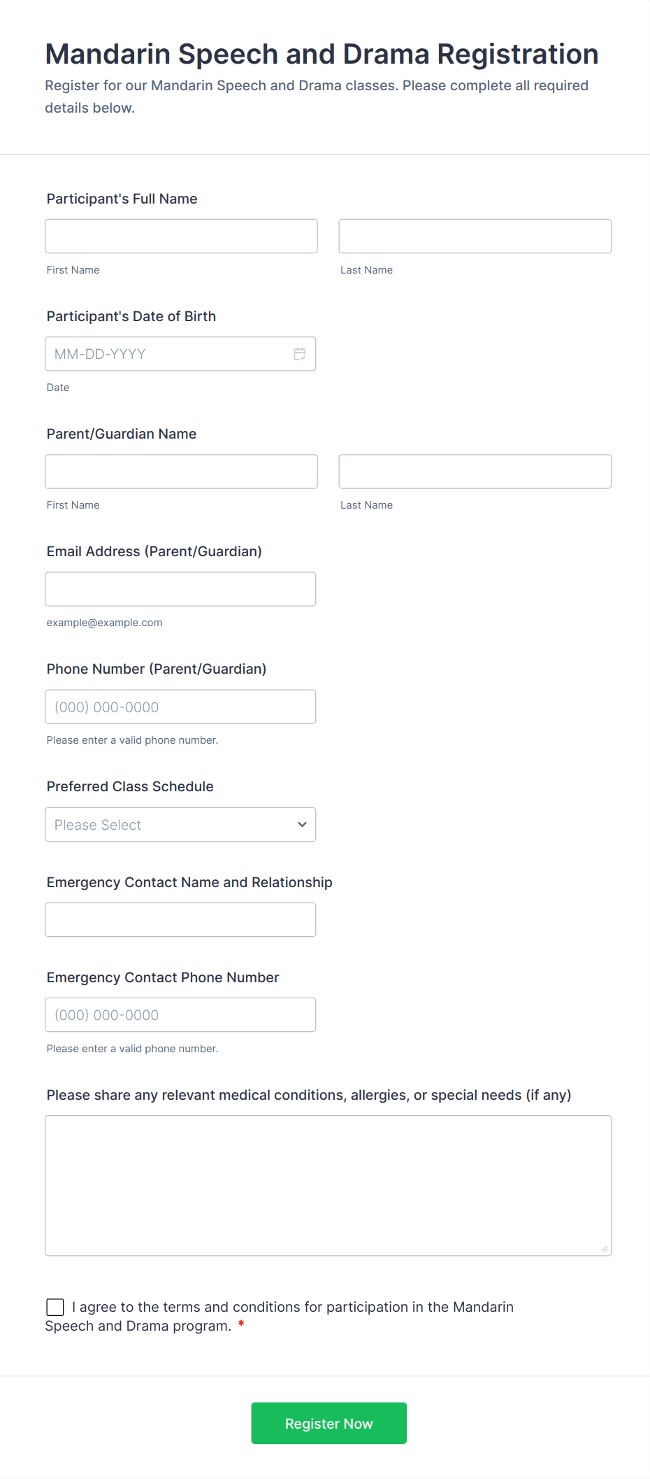 Mandarin Speech and Drama Registration Form Template | Jotform