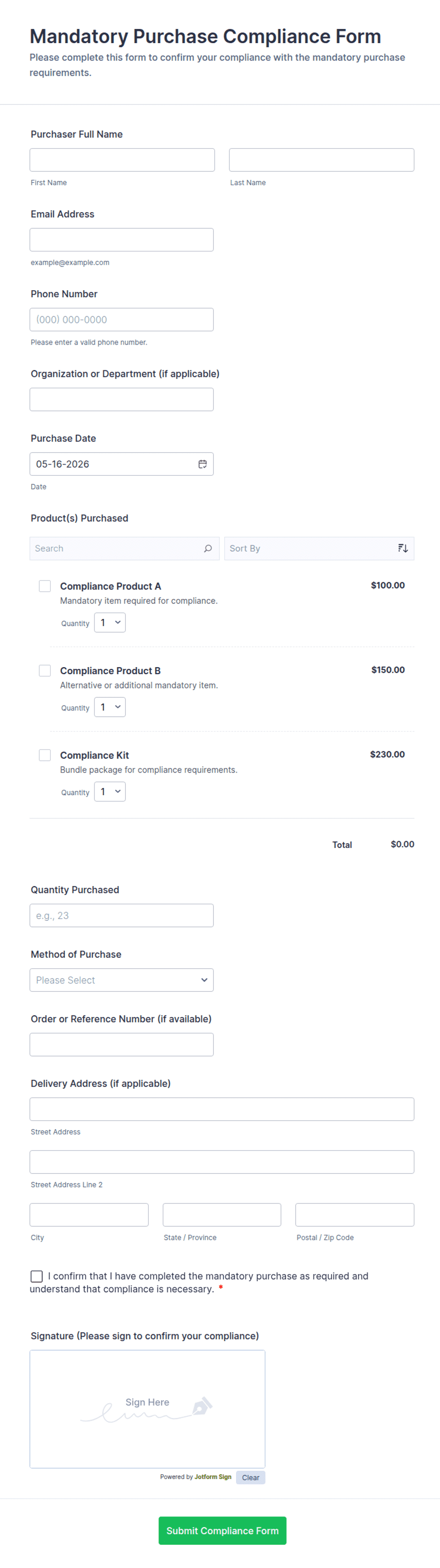 Mandatory Purchase Compliance Form Template | Jotform