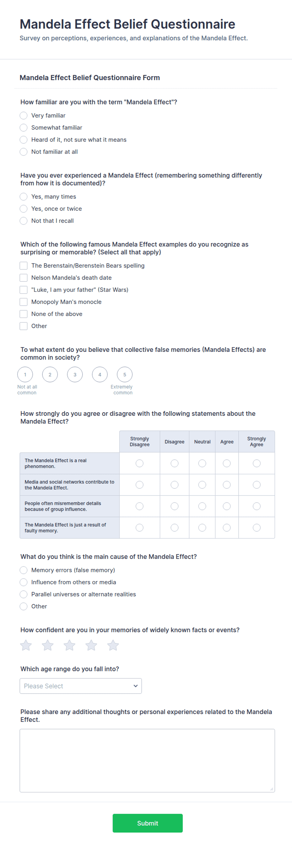 Mandela Effect Belief Questionnaire Form Template | Jotform