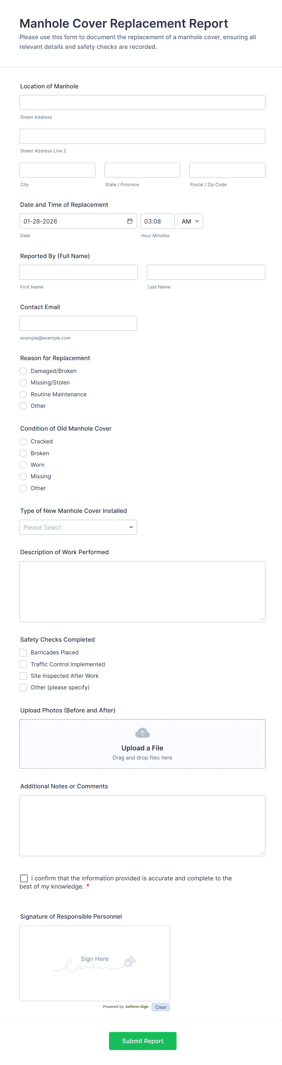 Manhole Cover Replacement Report Form Template | Jotform