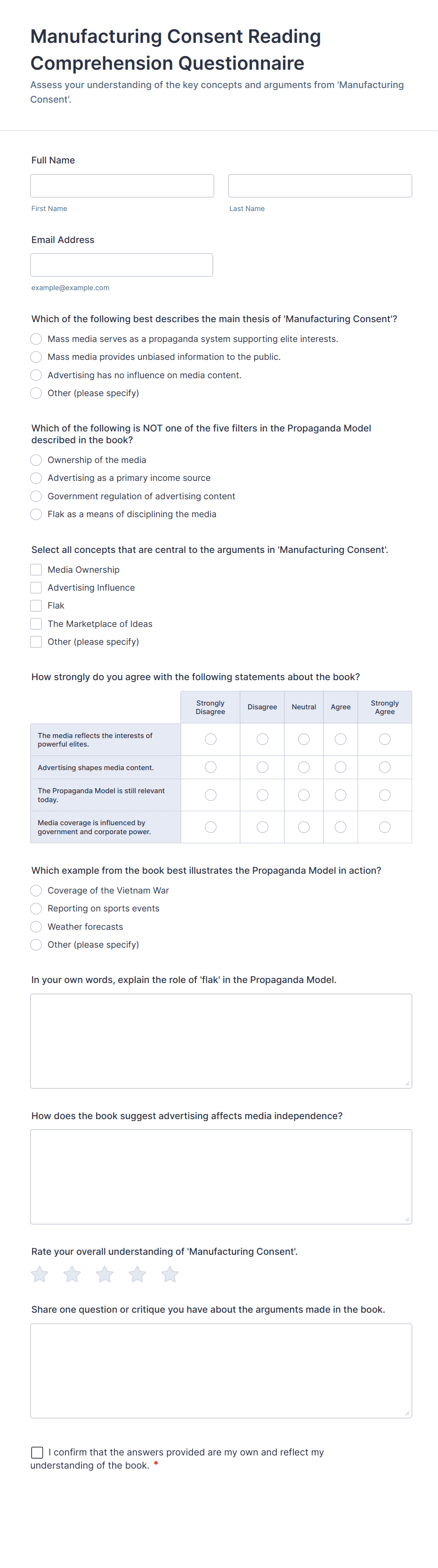 Manufacturing Consent Reading Comprehension Questionnaire Form Template ...