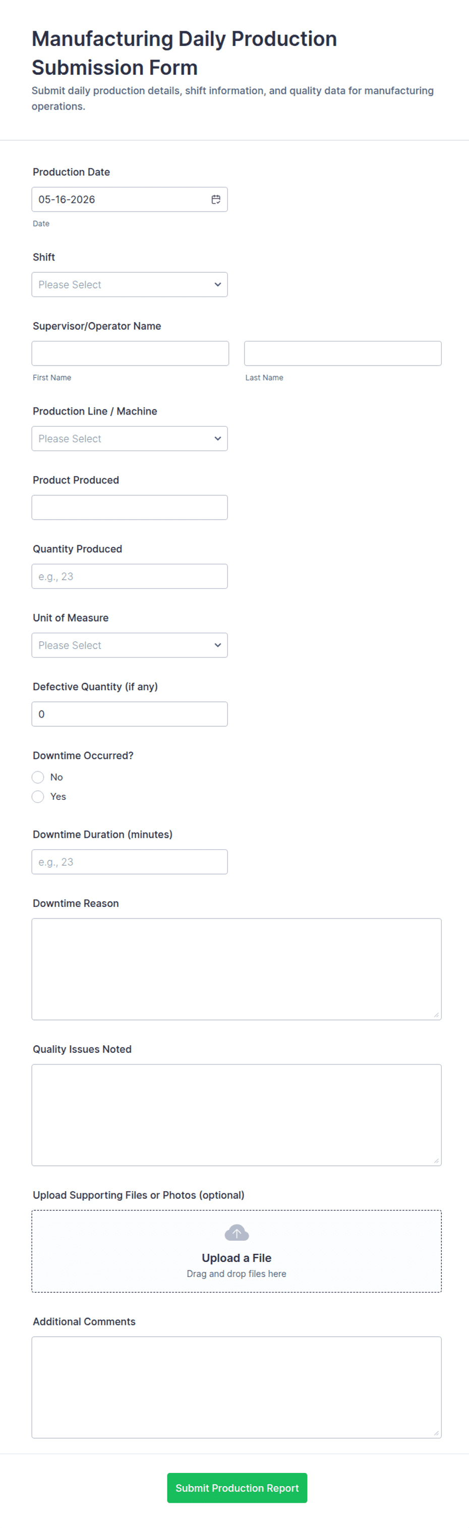 Manufacturing Daily Production Submission Form Template | Jotform