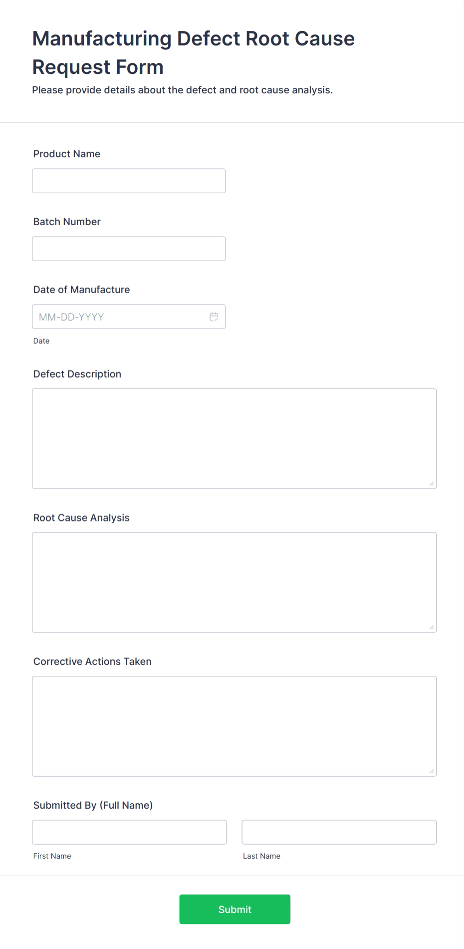 Manufacturing Defect Root Cause Request Form Template | Jotform