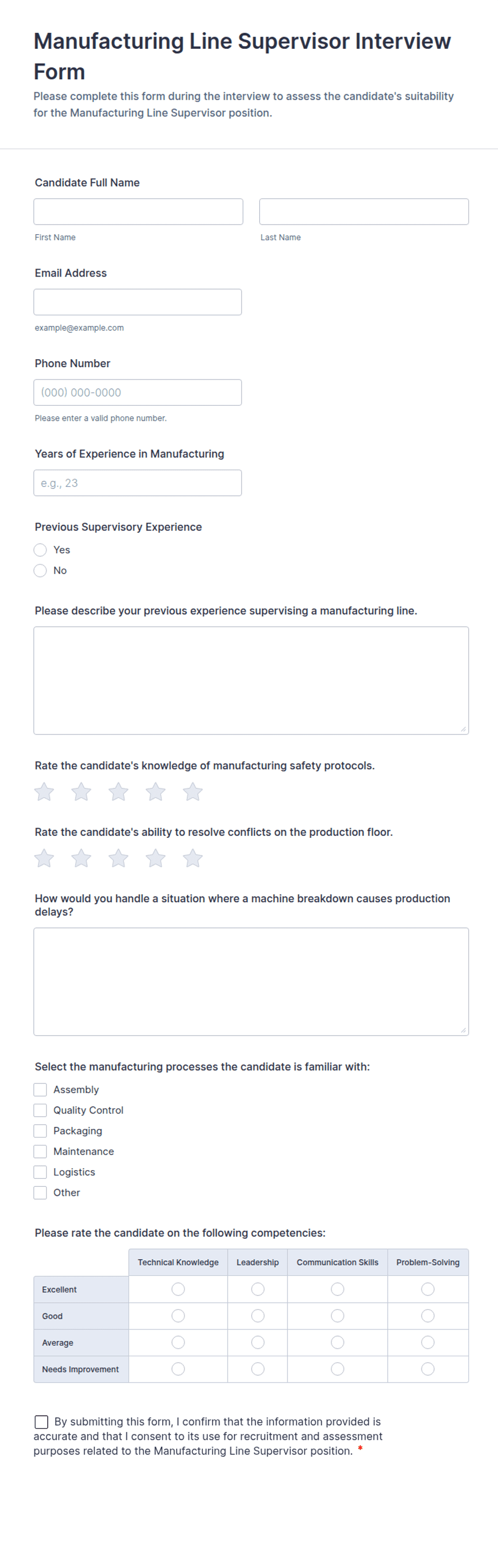 Manufacturing Line Supervisor Interview Form Template | Jotform