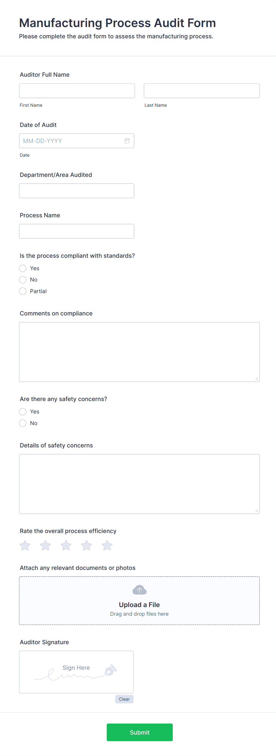 Manufacturing Process Audit Form Template | Jotform