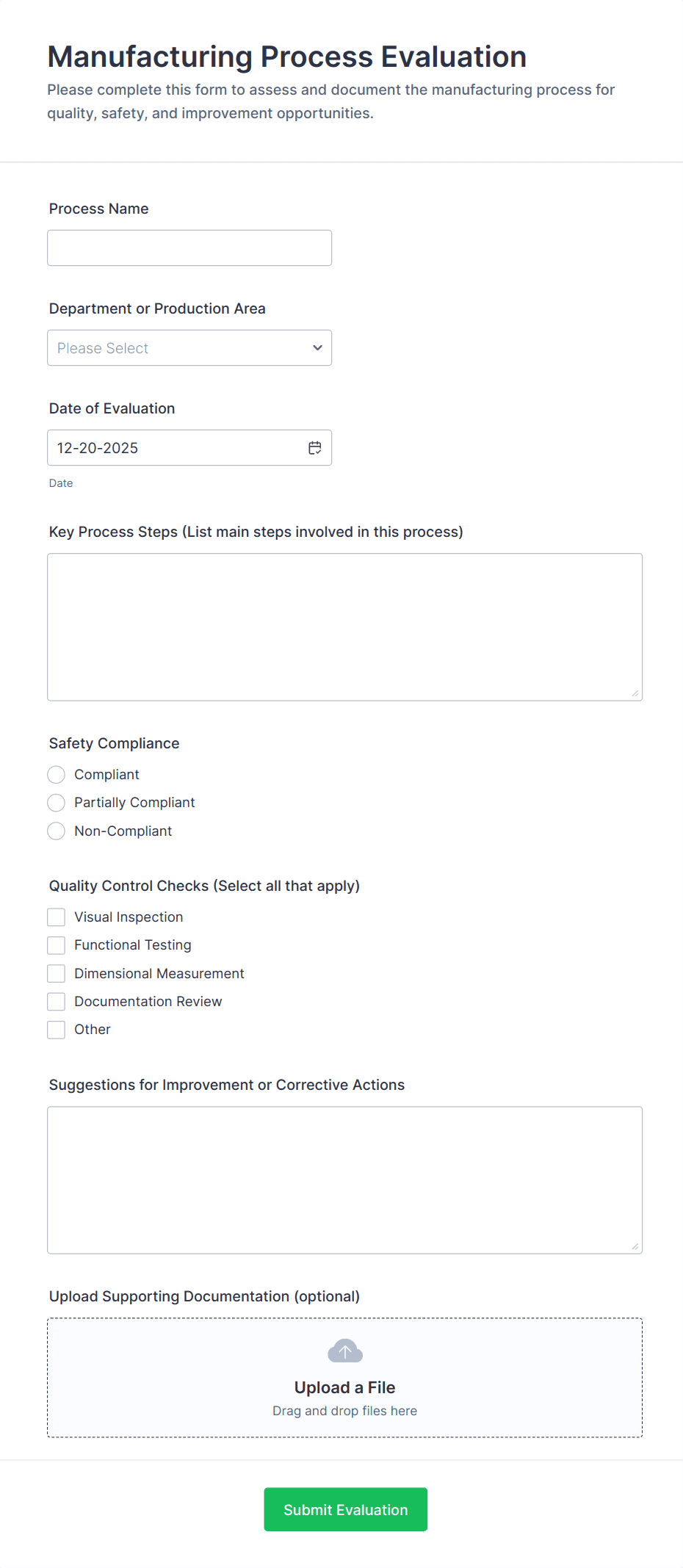 Manufacturing Process Evaluation Form Template | Jotform