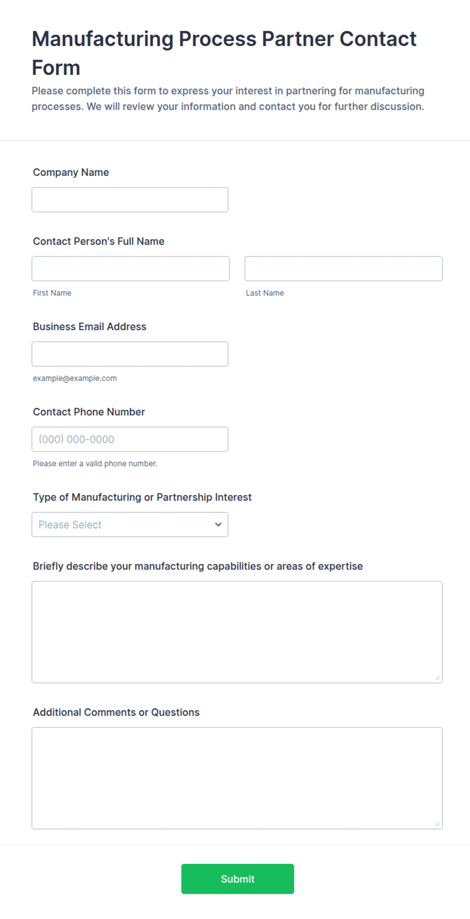 Manufacturing Process Partner Contact Form Template | Jotform