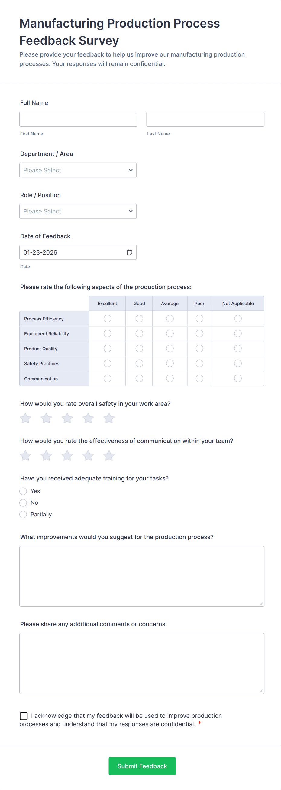 Manufacturing Production Process Feedback Survey Form Template | Jotform