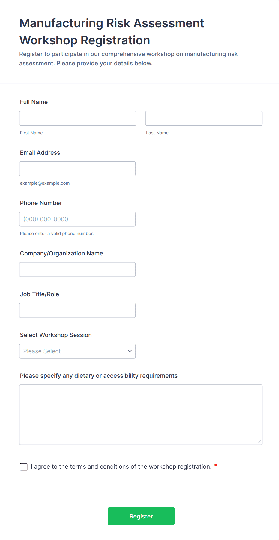 Manufacturing Risk Assessment Workshop Registration Form Template | Jotform