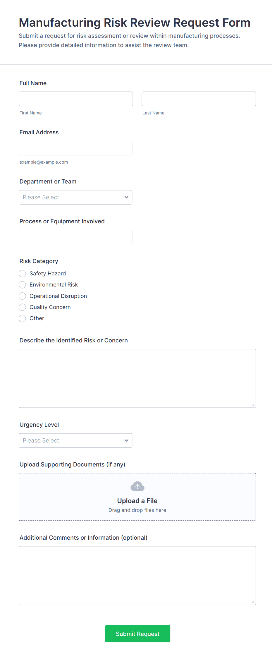 Manufacturing Risk Review Request Form Template | Jotform