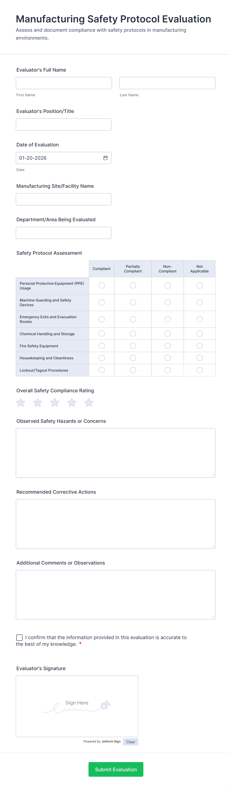 Manufacturing Safety Protocol Evaluation Form Template | Jotform