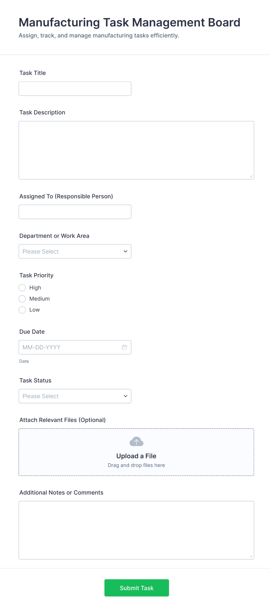 Manufacturing Task Management Board Form Template | Jotform