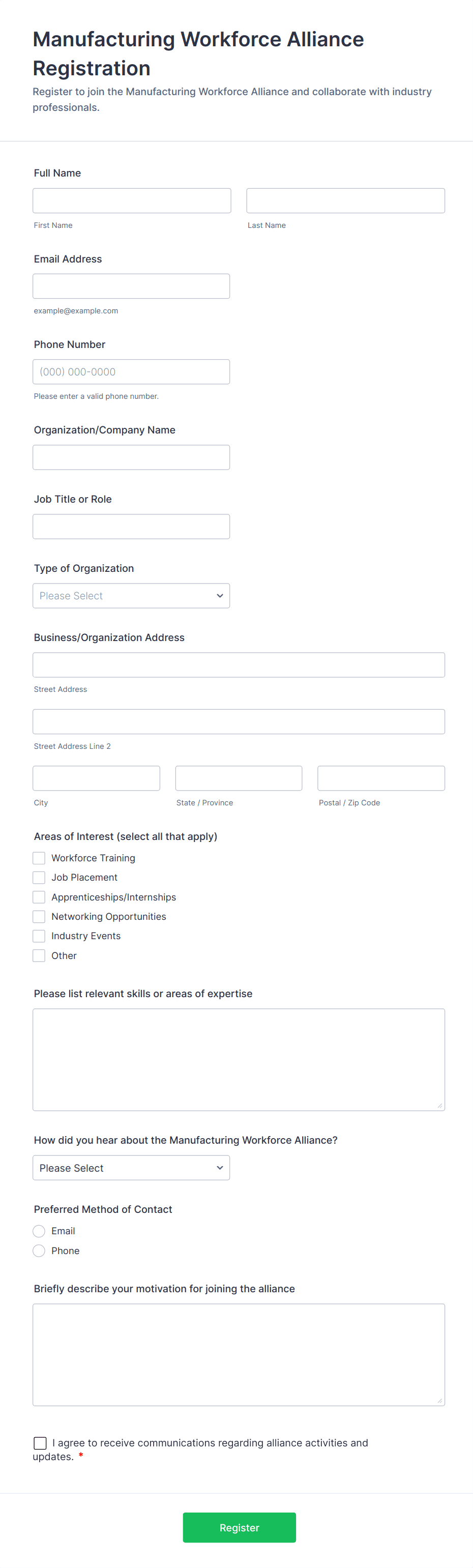 Manufacturing Workforce Alliance Registration Form Template | Jotform