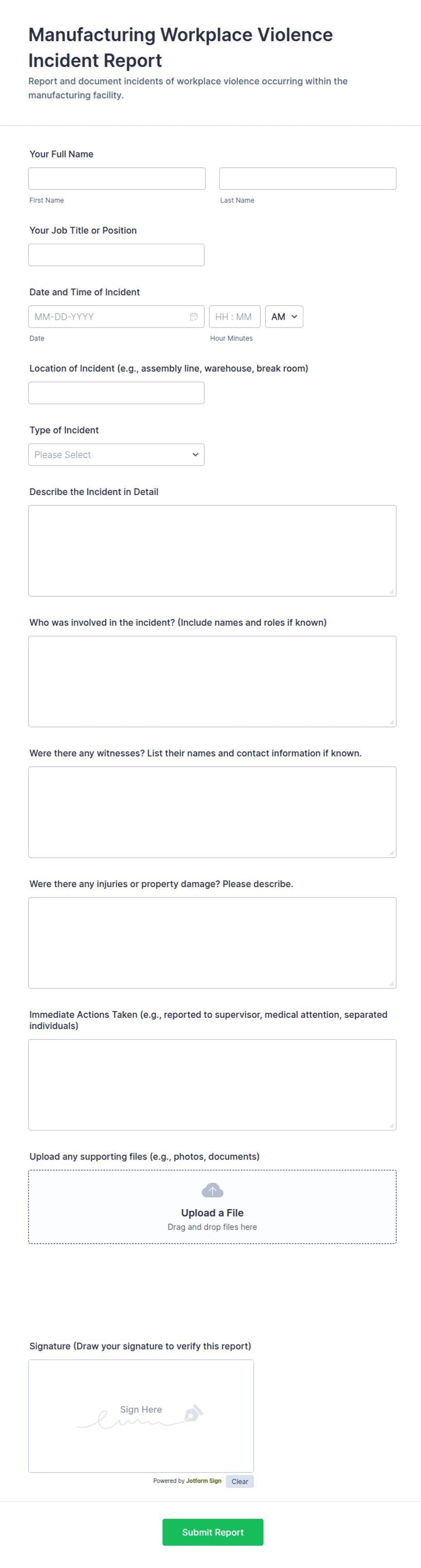 Manufacturing Workplace Violence Incident Report Form Template | Jotform