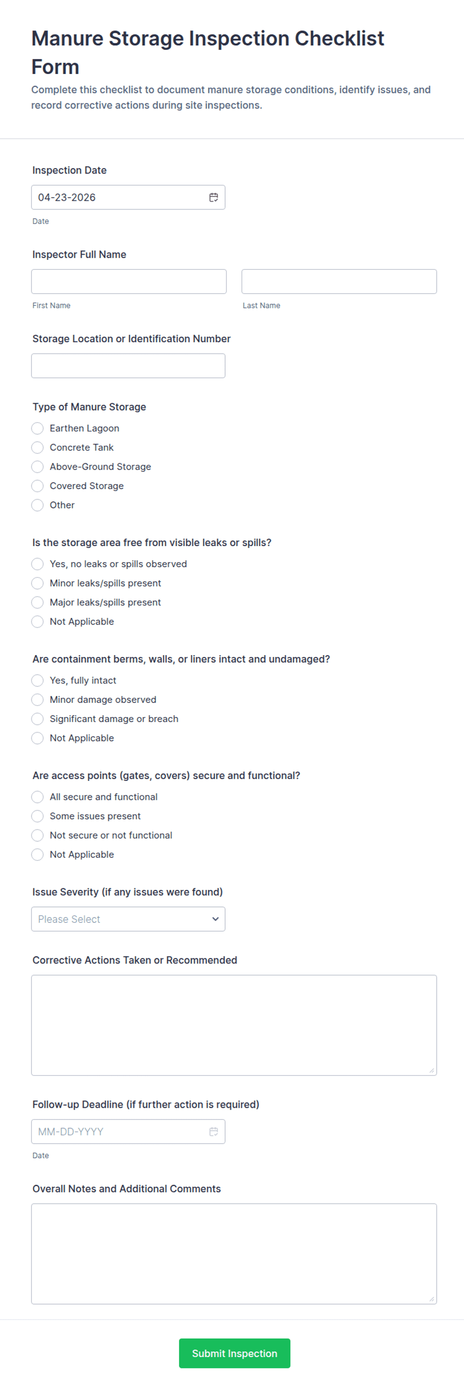 Manure Storage Inspection Checklist Form Template | Jotform