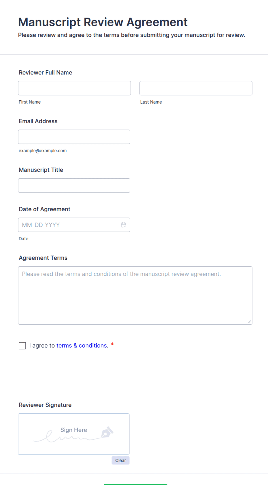 Manuscript Review Agreement Form Template | Jotform