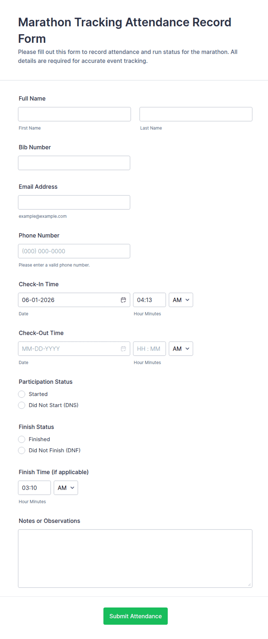 Marathon Tracking Attendance Record Form Template | Jotform