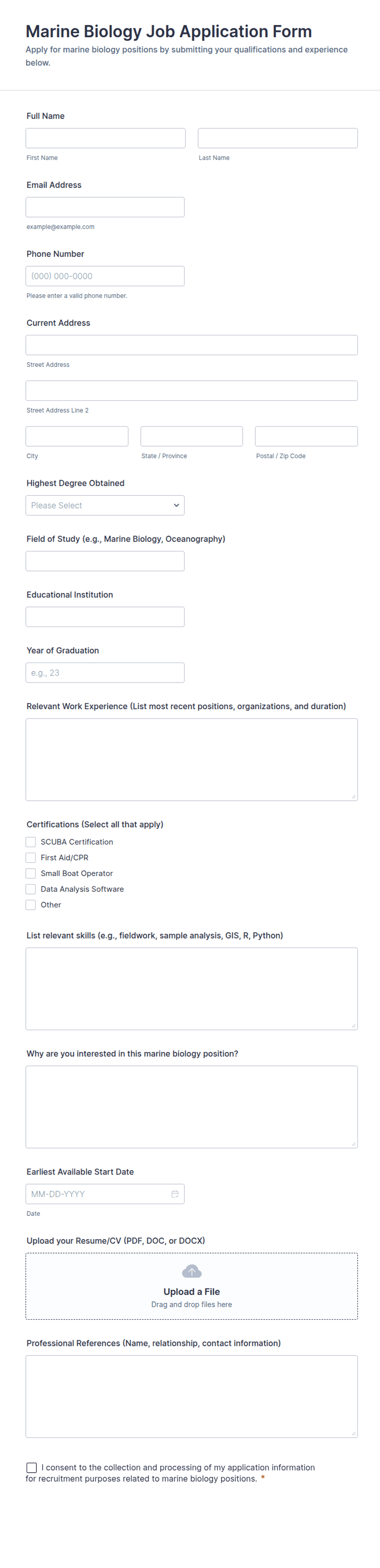 Marine Biology Job Application Form Template | Jotform