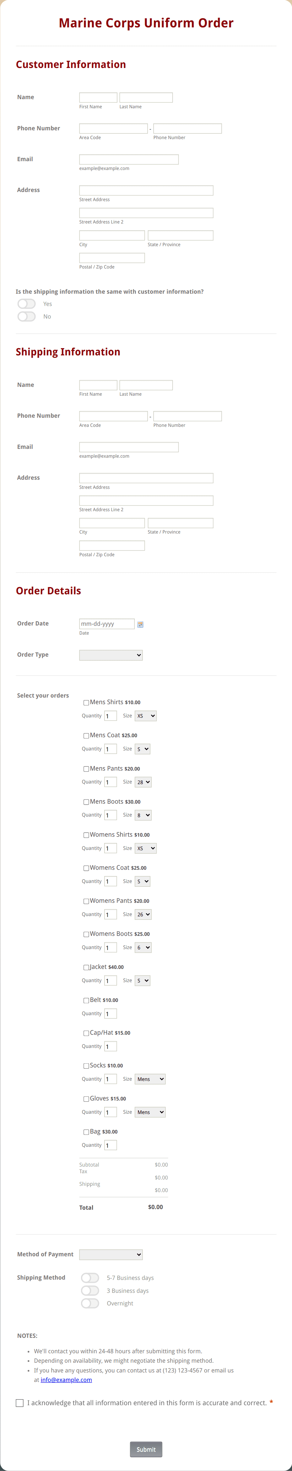 Marine Corps Uniform Order Form Template | Jotform