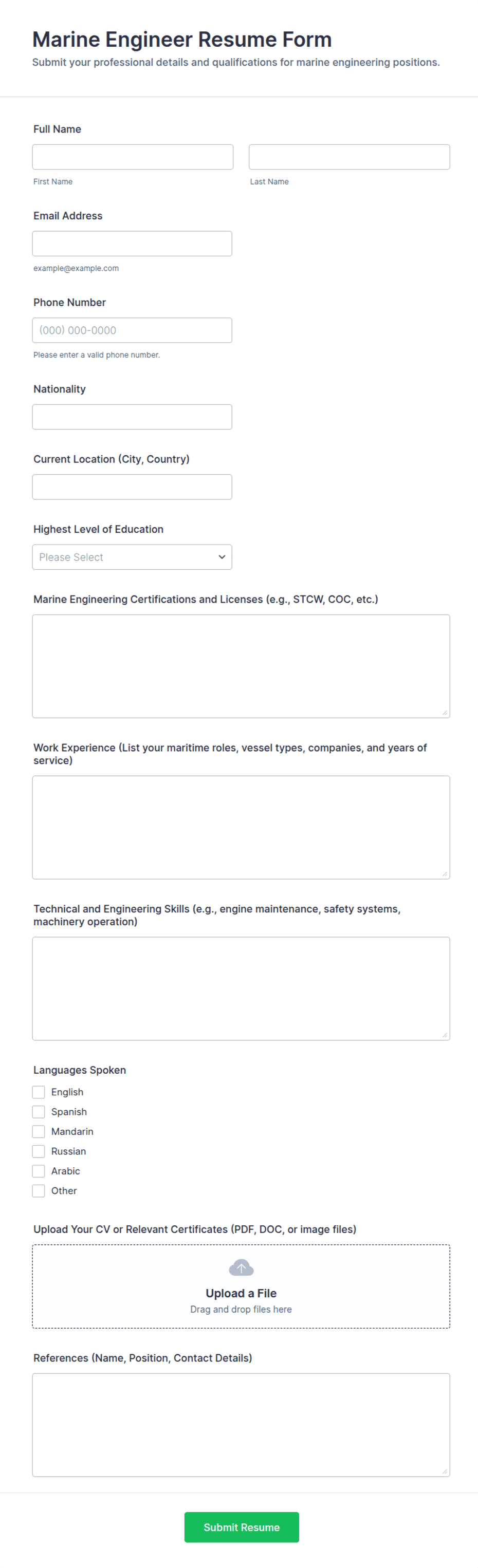 Marine Engineer Resume Form Template | Jotform