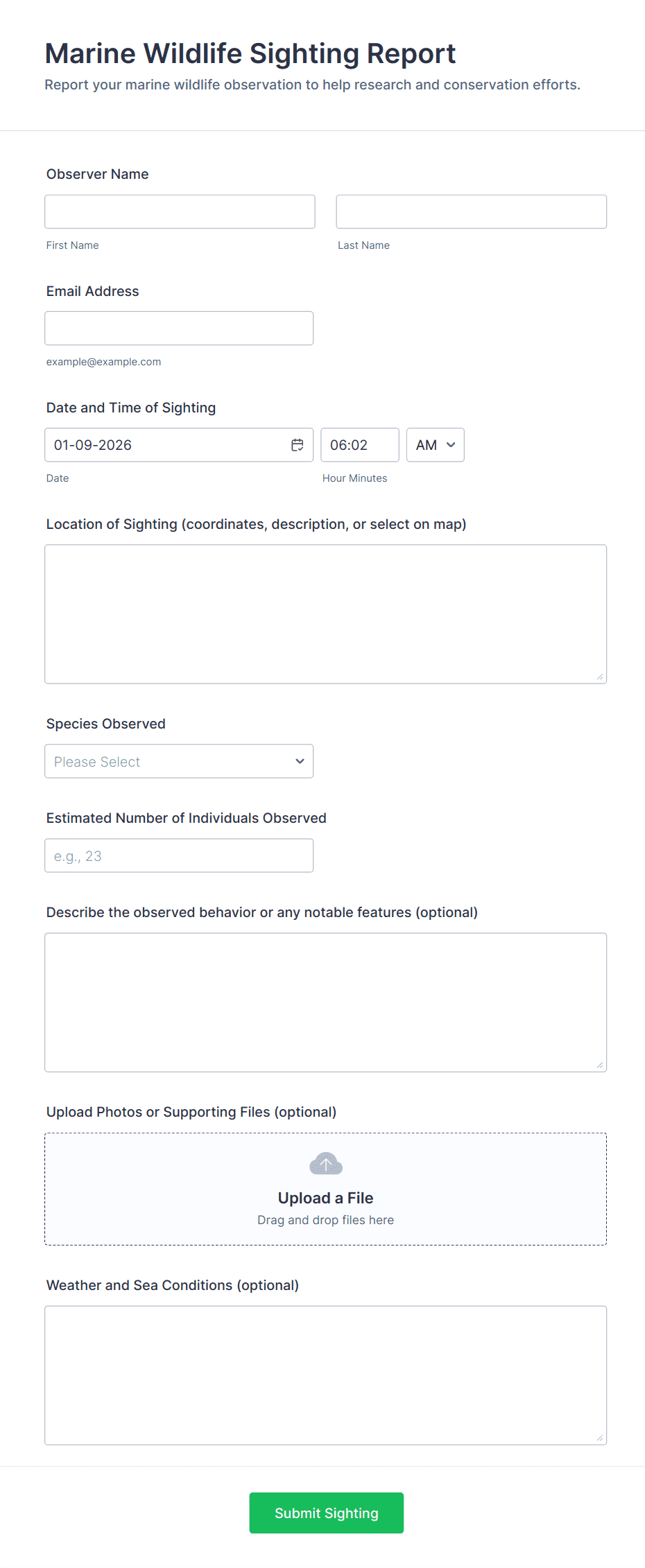 Marine Wildlife Sighting Report Form Template | Jotform