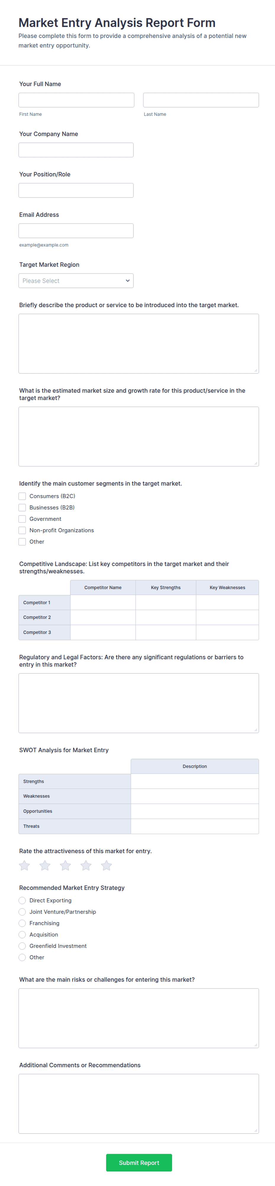 Market Entry Analysis Report Form Template | Jotform