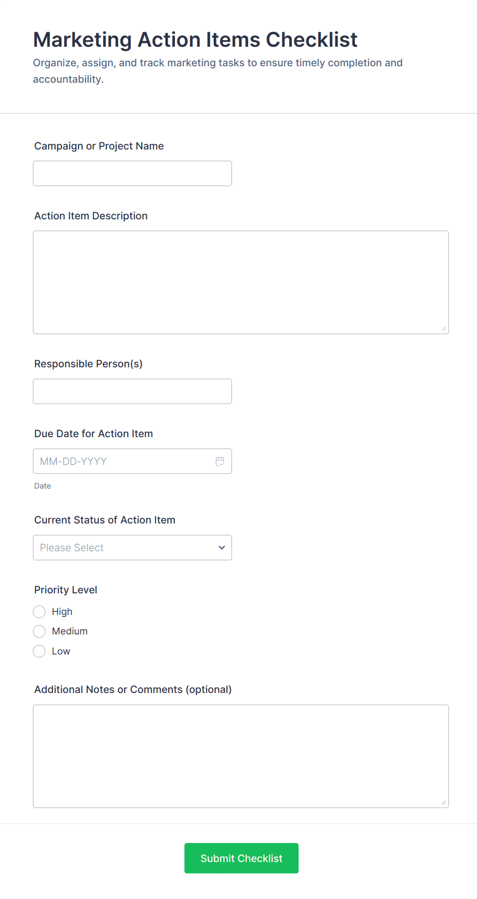 Marketing Action Items Checklist Form Template | Jotform