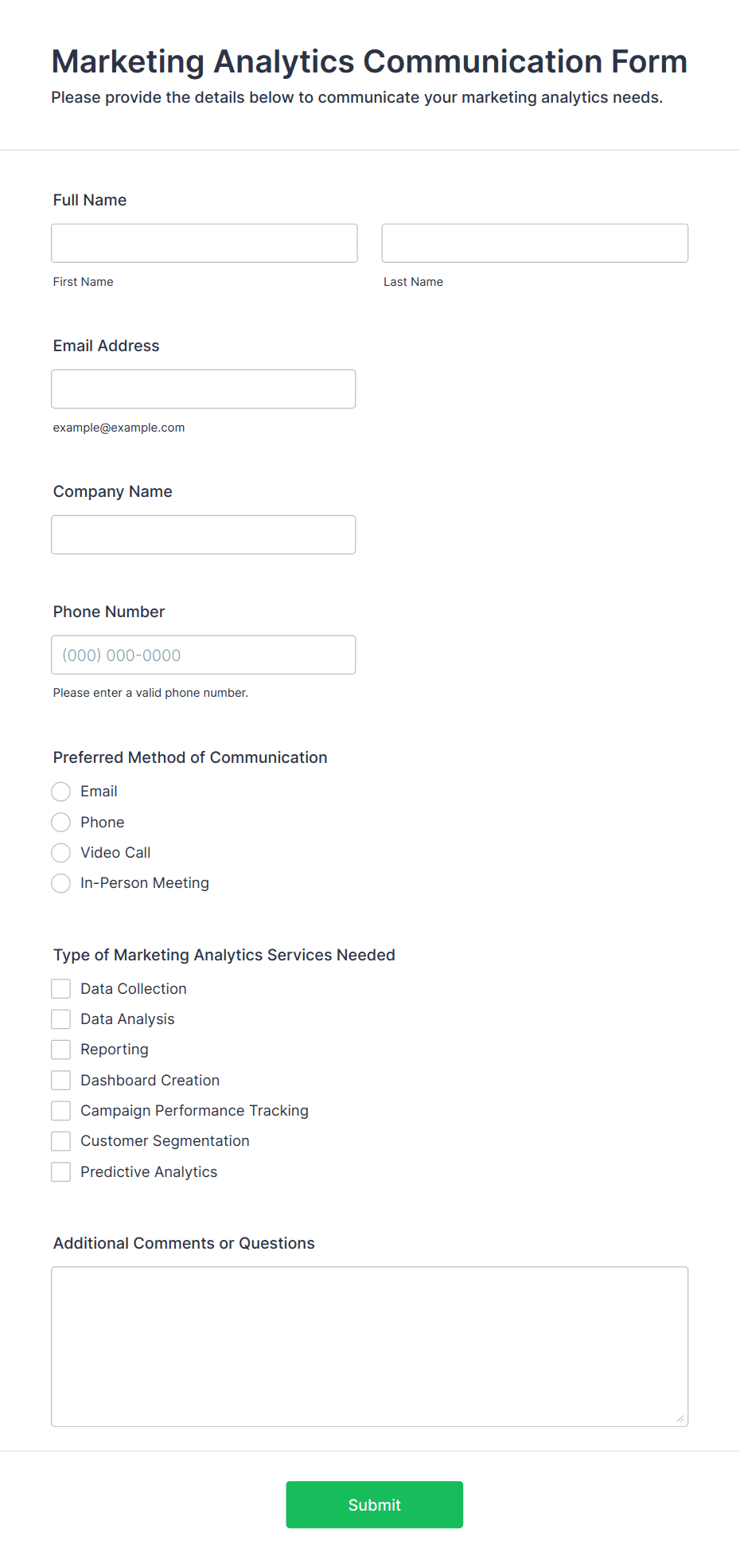 Marketing Analytics Communication Form Template | Jotform