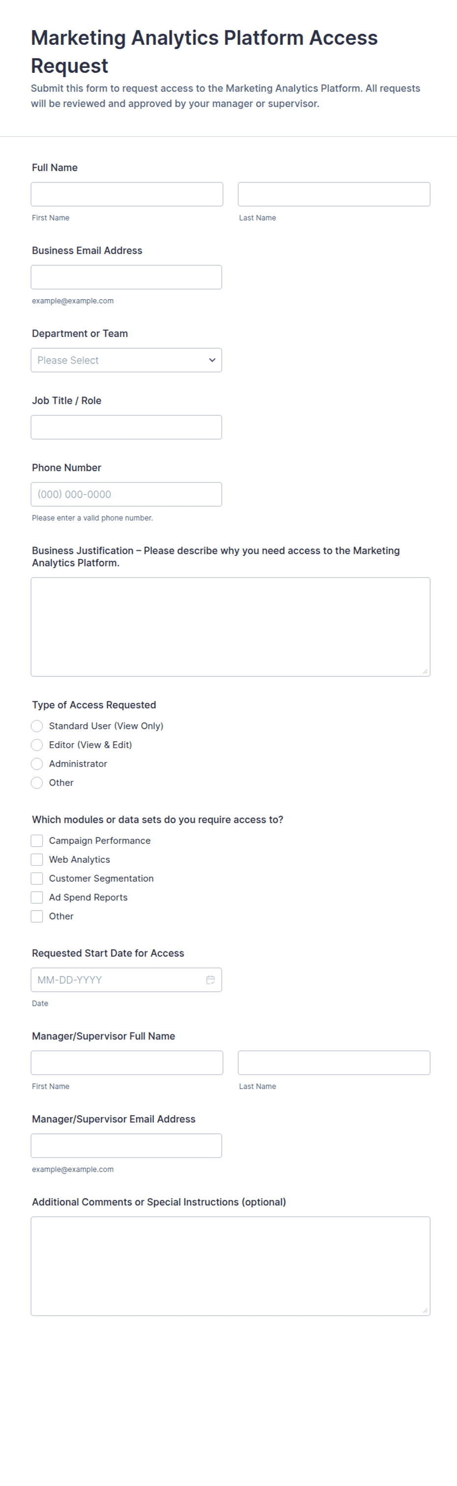 Marketing Analytics Platform Access Request Form Template | Jotform